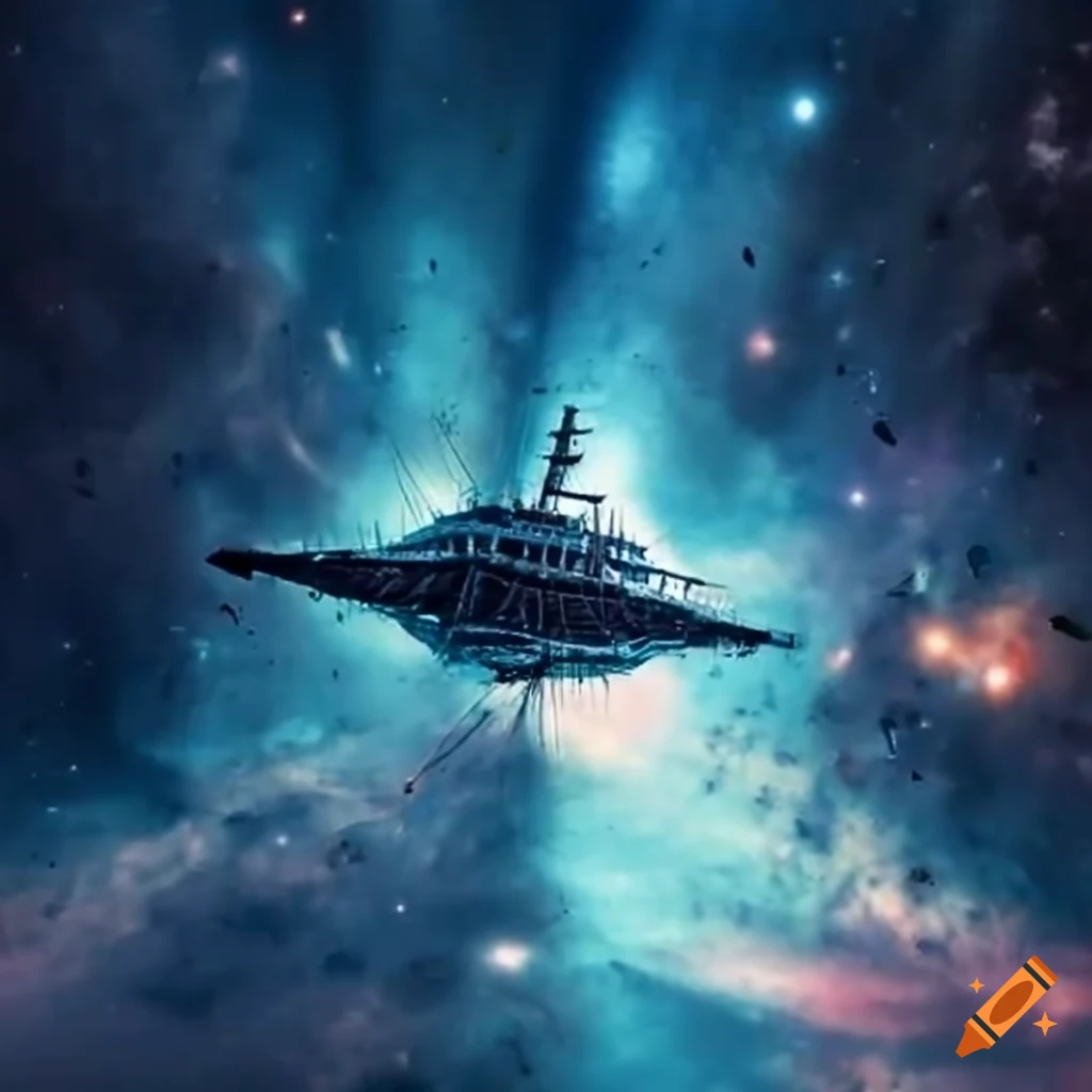 A steel high tech space pirate ship flying through space
