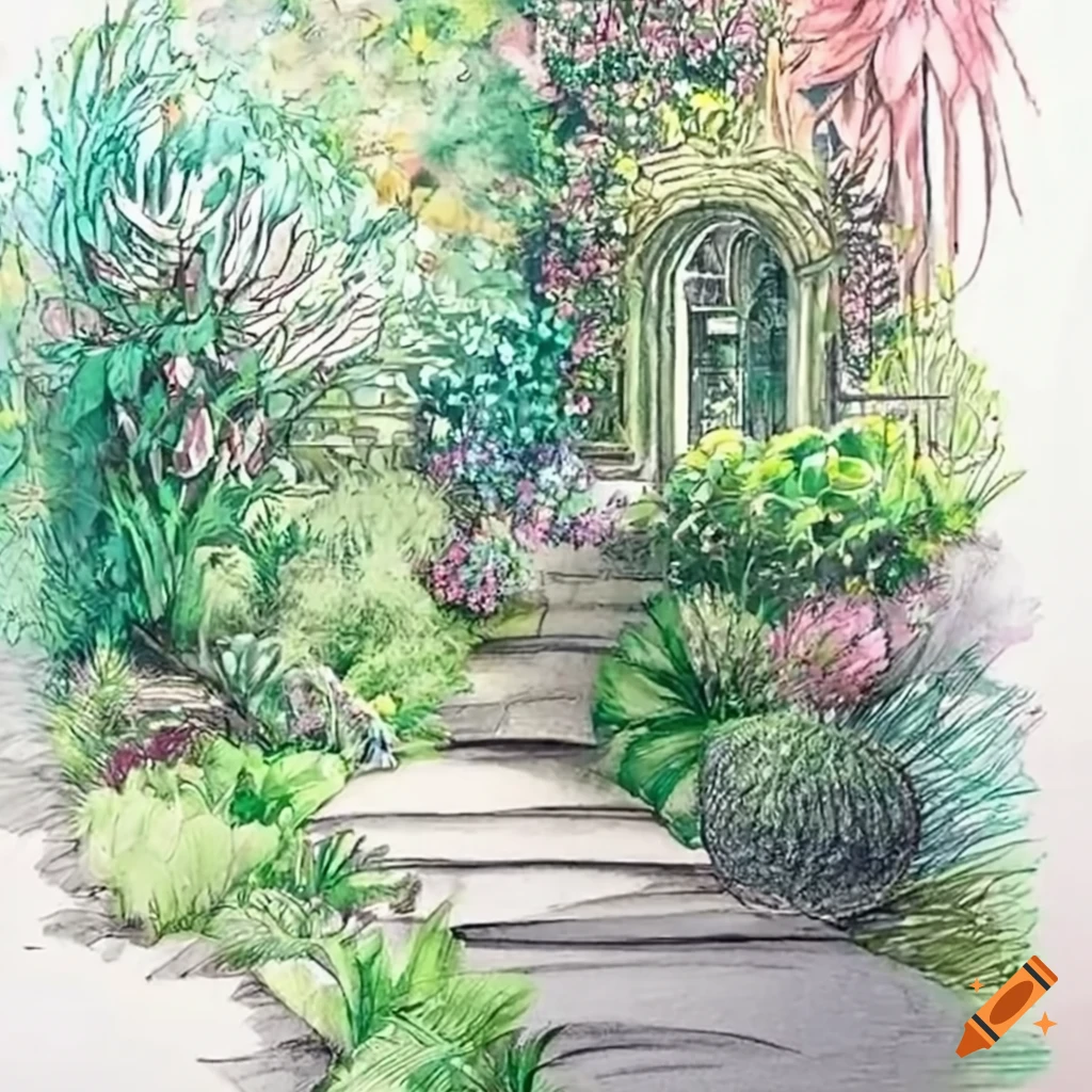 Lush home garden oasis with blooming flowers and vibrant greenery on ...