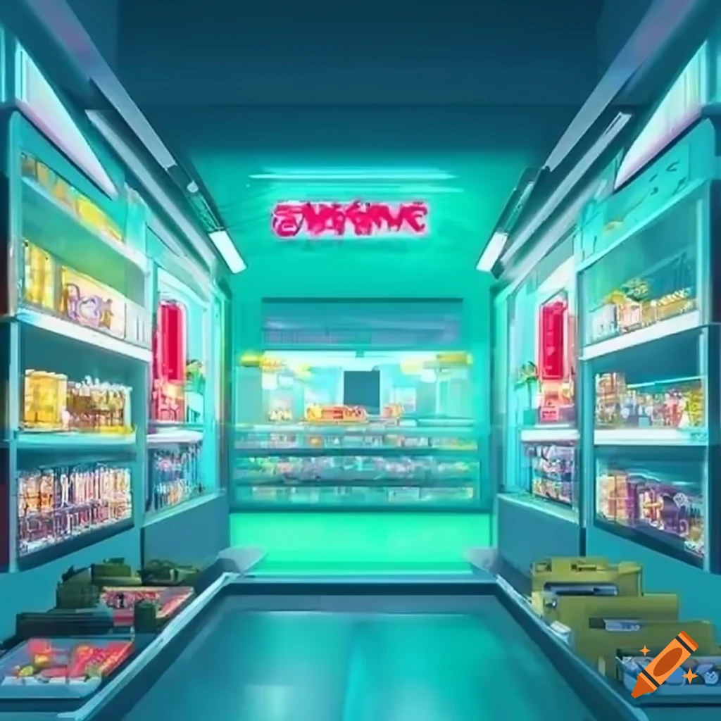 Arcade-themed supermarket, key anime visual, interior shot on Craiyon