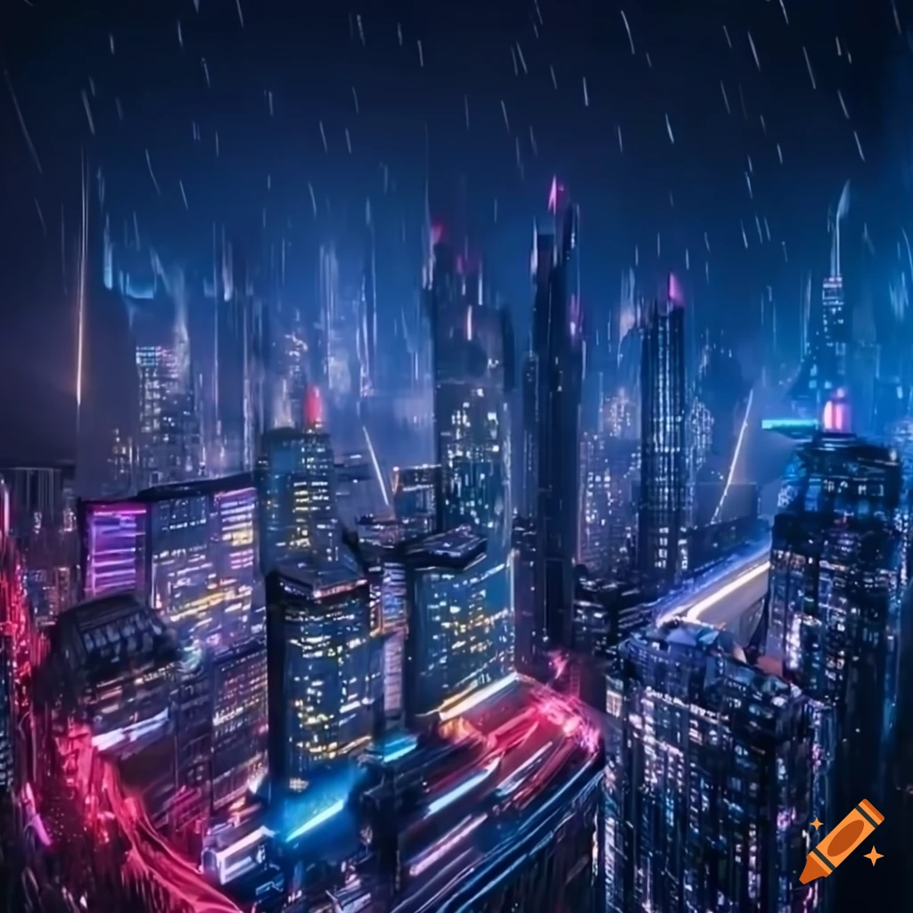 A futuristic cityscape with vibrant neon lights and soaring skyscrapers ...