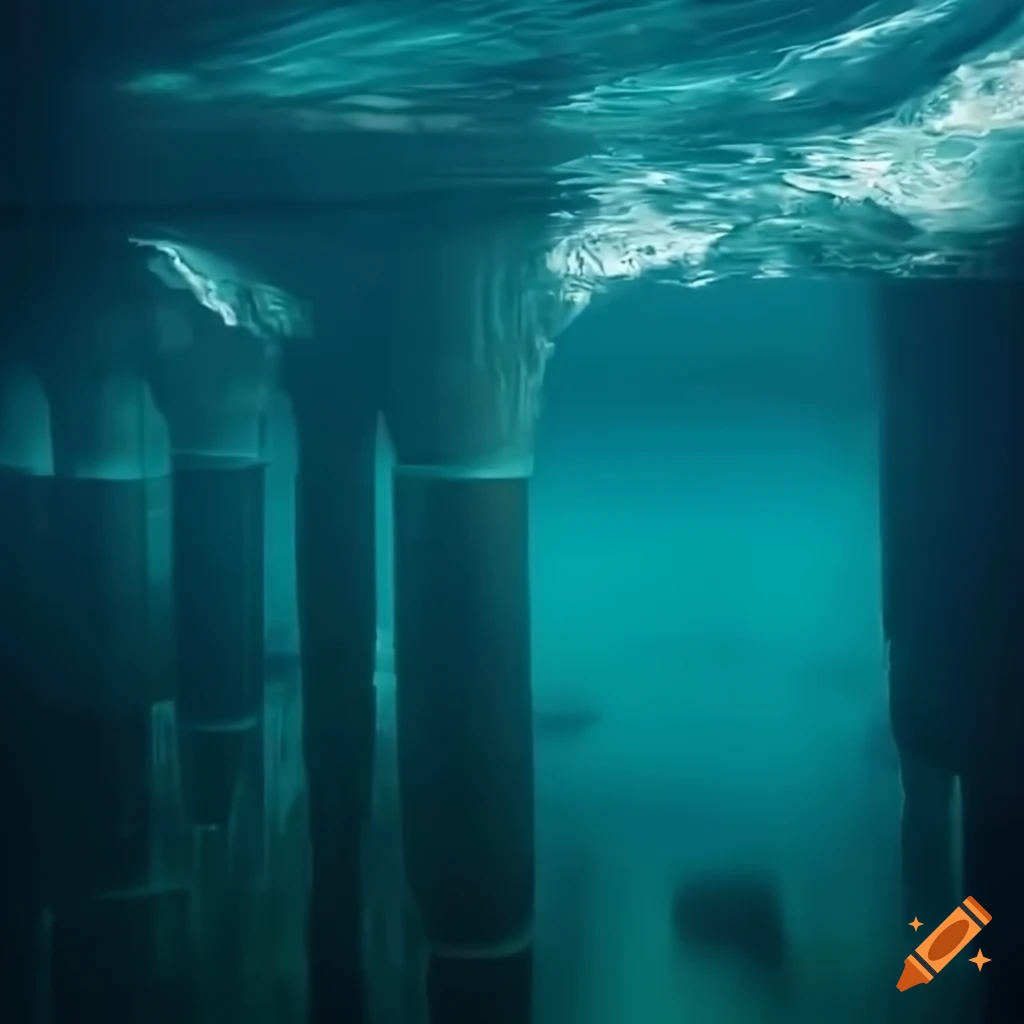 Pipes and machinery and buildings floating in water, the biggest part ...