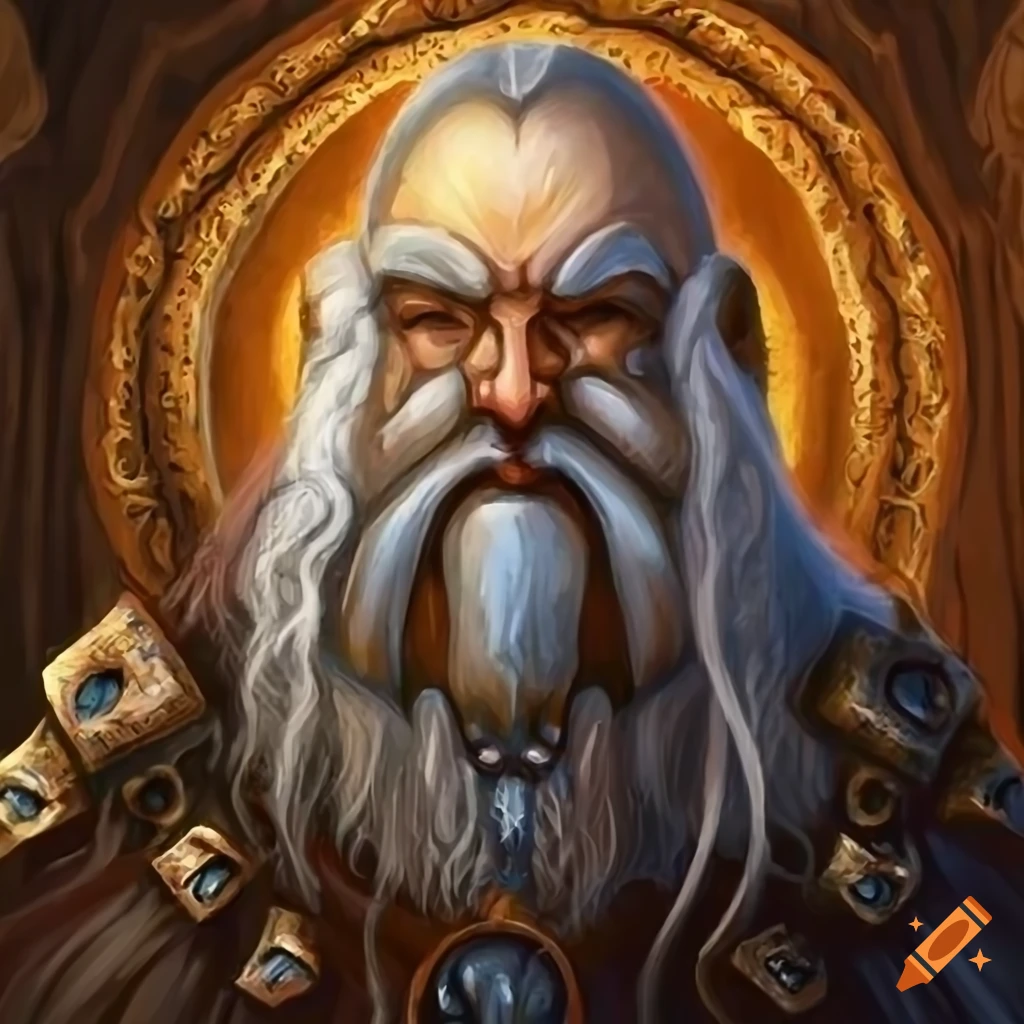 Dwarven god. white hair. black eyes. silver halo. chain mail. smith’s ...