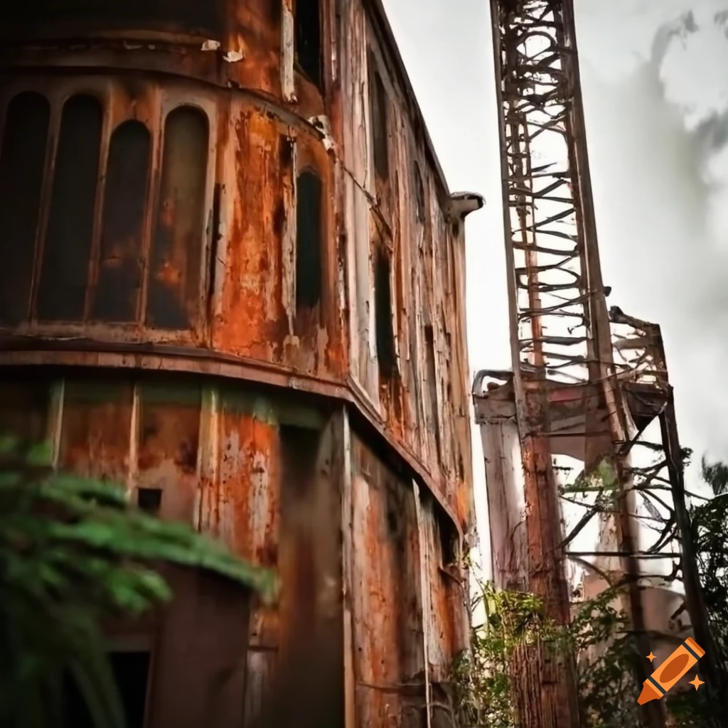 MIAMI rusty factory structures (not buildings) in forest sunny weather, full colours on Craiyon