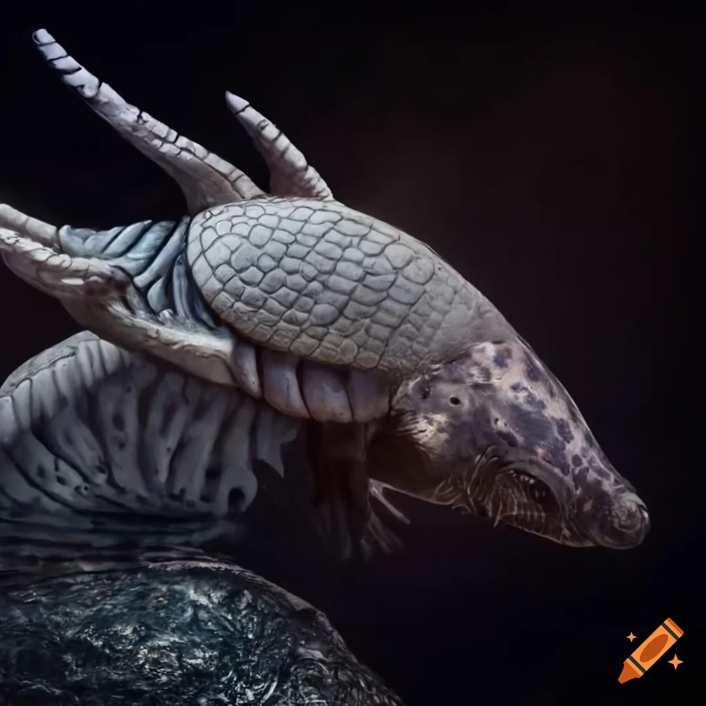 A marine hybrid creature with a mixture of features of both seal and wild board, with huge tusks ...