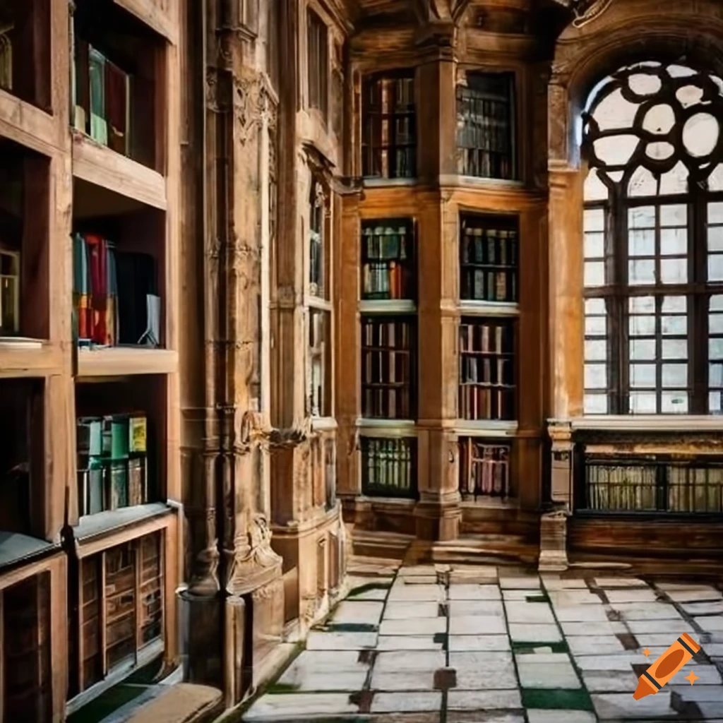 Courtyard garden in ornate, light-filled library on Craiyon