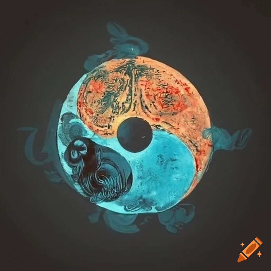 Yin-yang symbol painted in intricate ancient chinese ink style