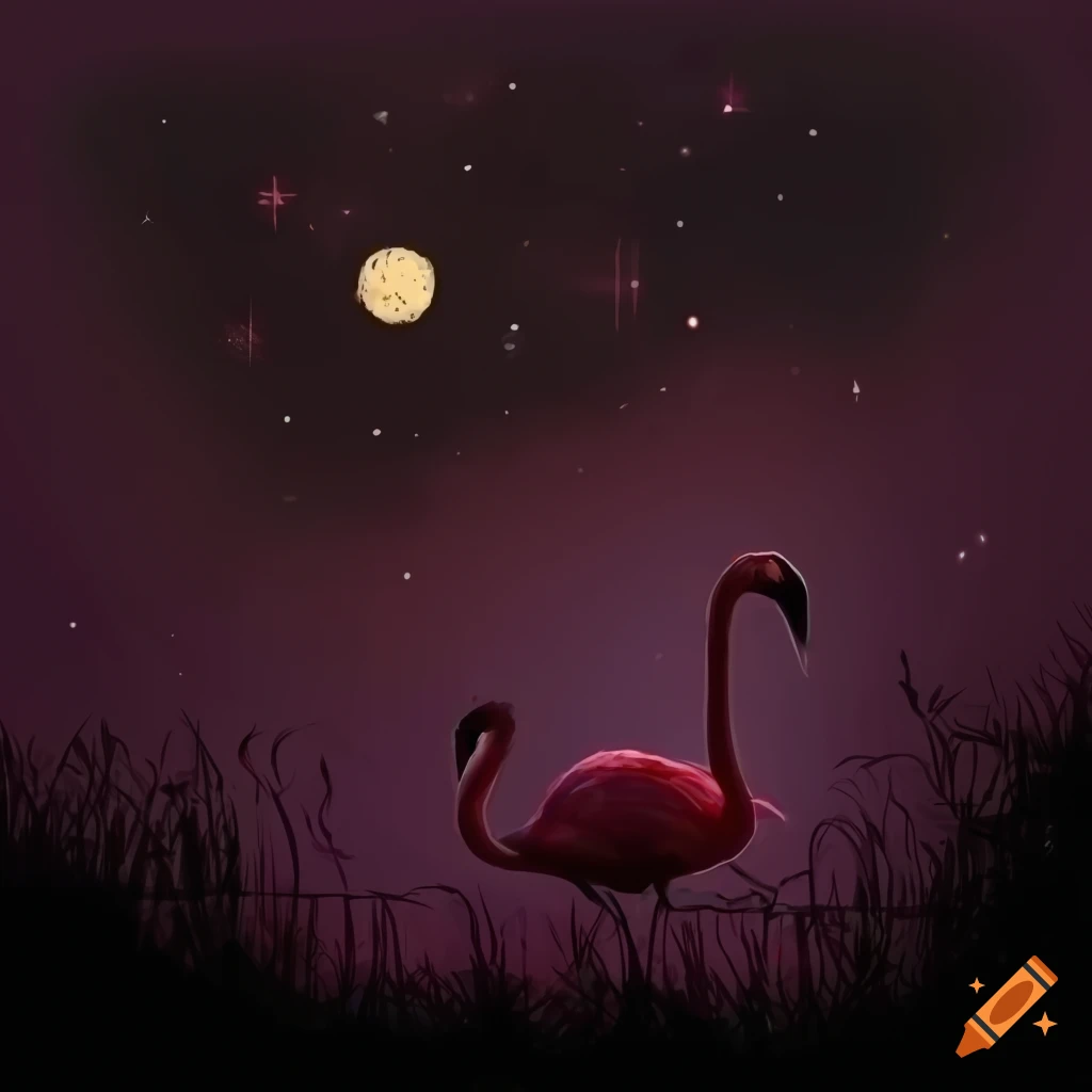 Flamingos at night, dark, digital painting on Craiyon
