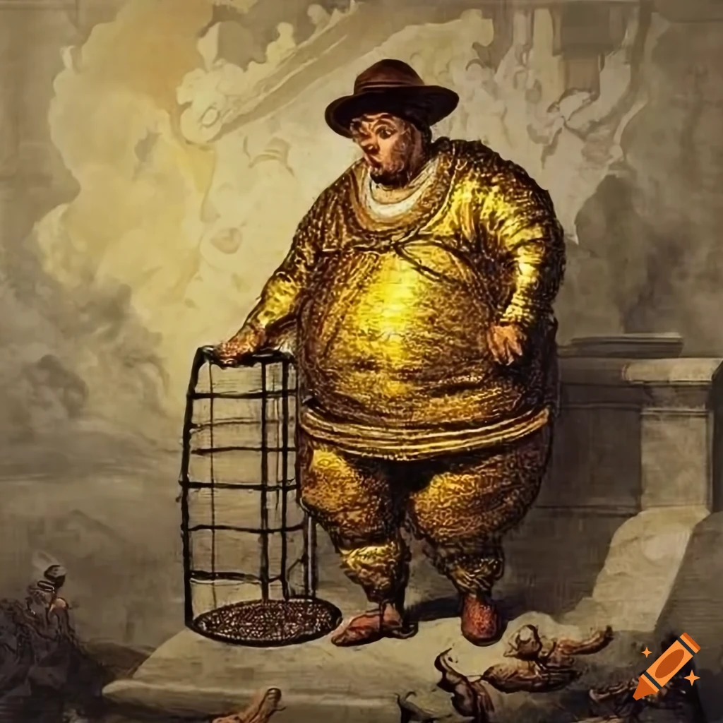 Gold suit fat man stands cramped in small golden cage at sunset gold ...