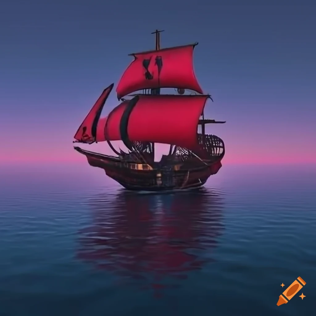 A menacing pirate vessel with red sails and synthwave