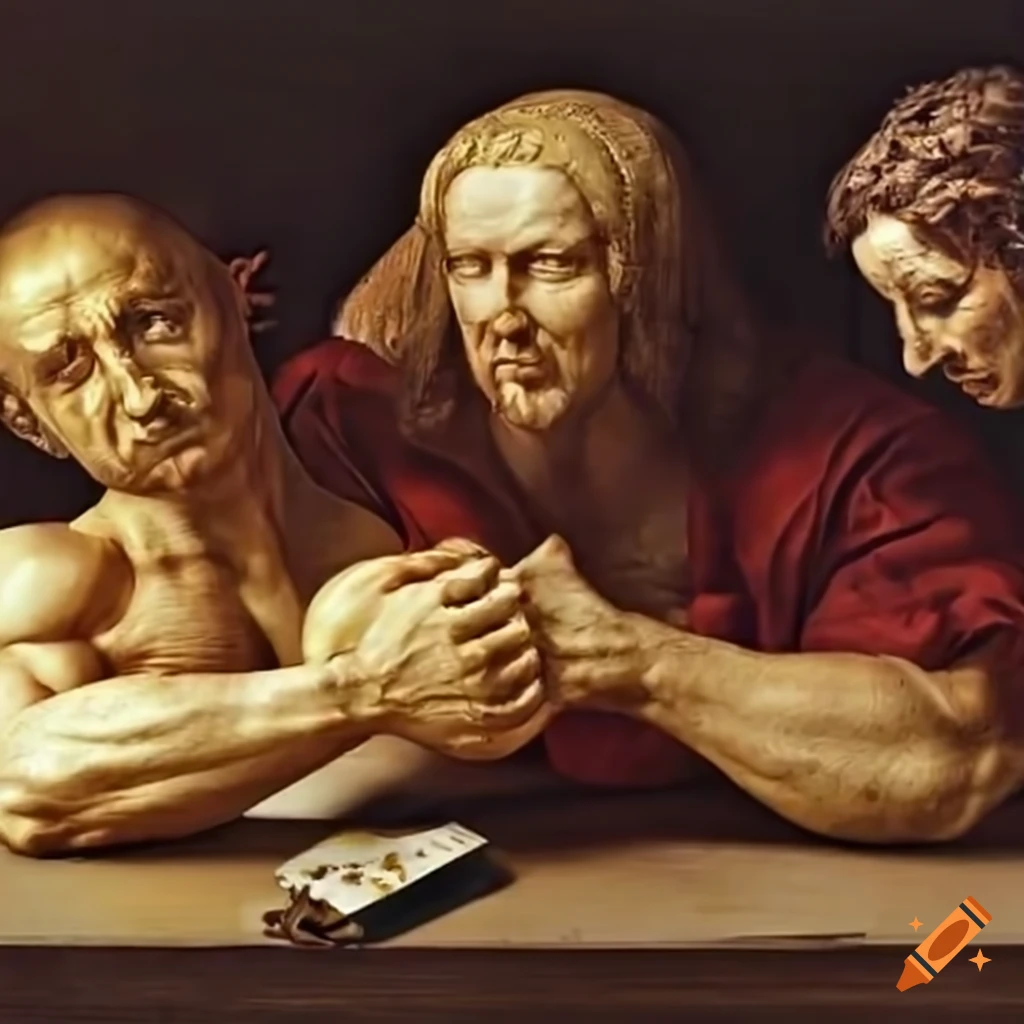 Michelangelo arm wrestling against da vinci on Craiyon
