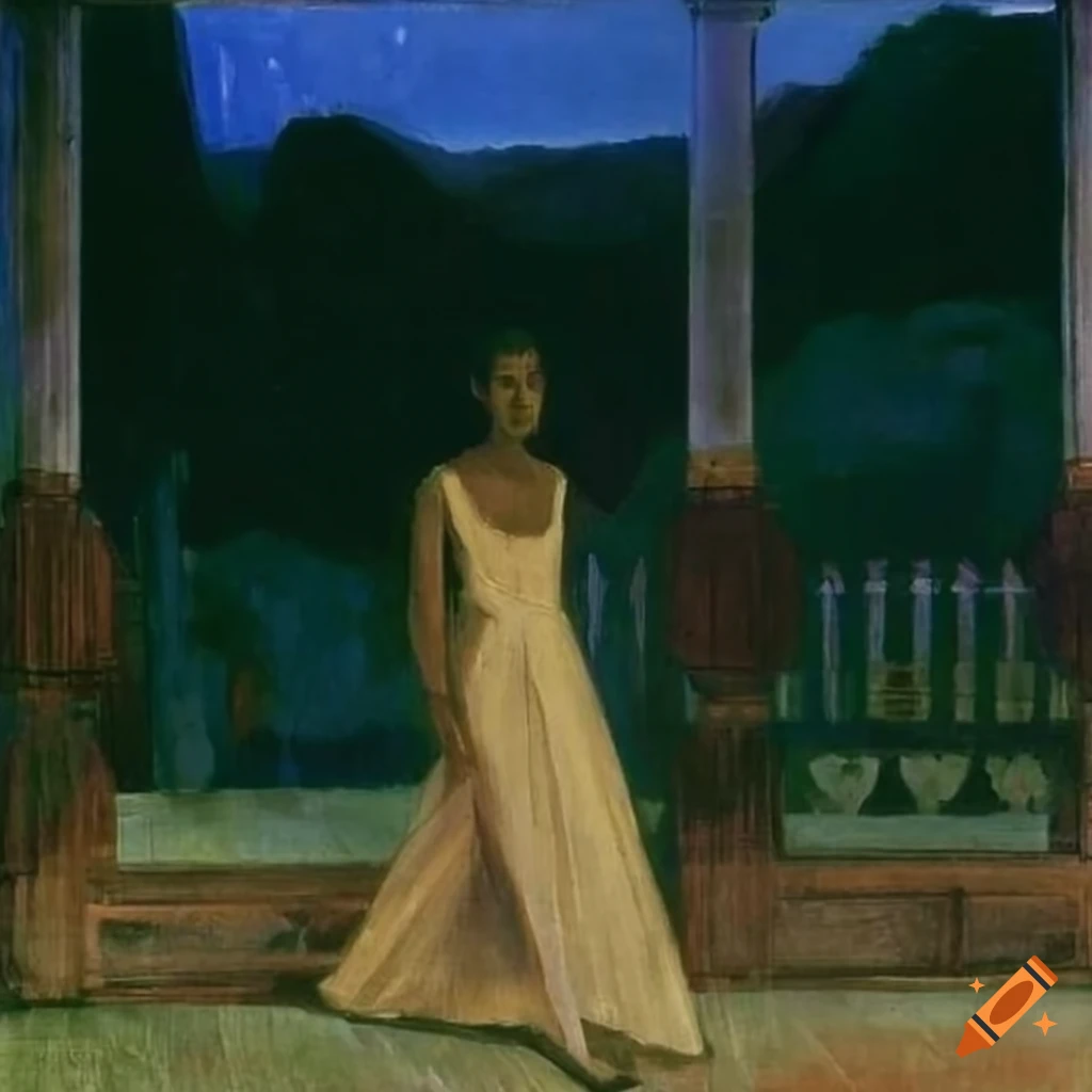 Nubian model wearing translucent dress at twilight by balustrade ...