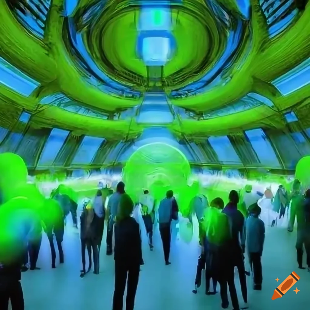 People gather around a futuristic green energy machine in a digital artwork