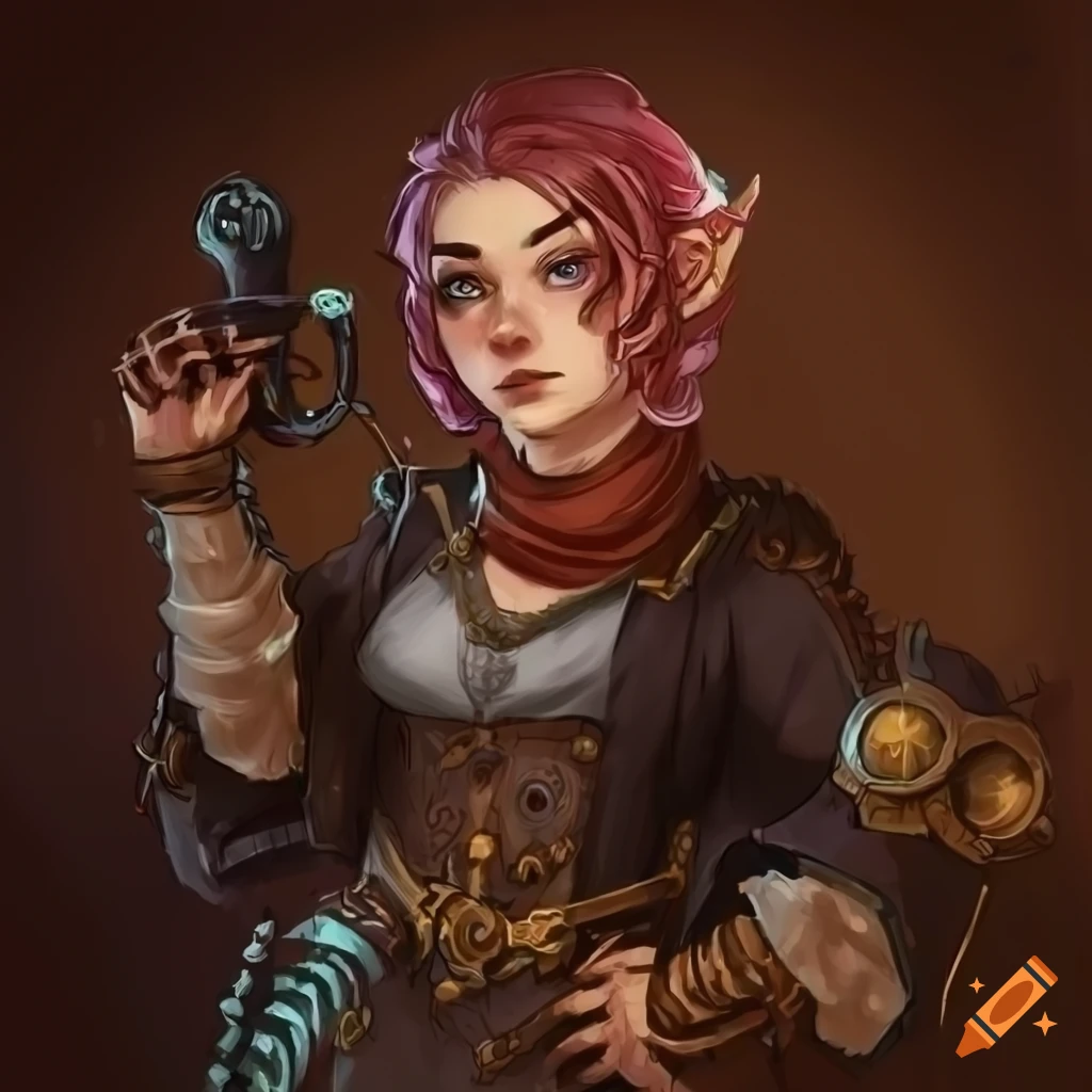 Fantasy art style, a young artificer joins a steampunk artificers guild