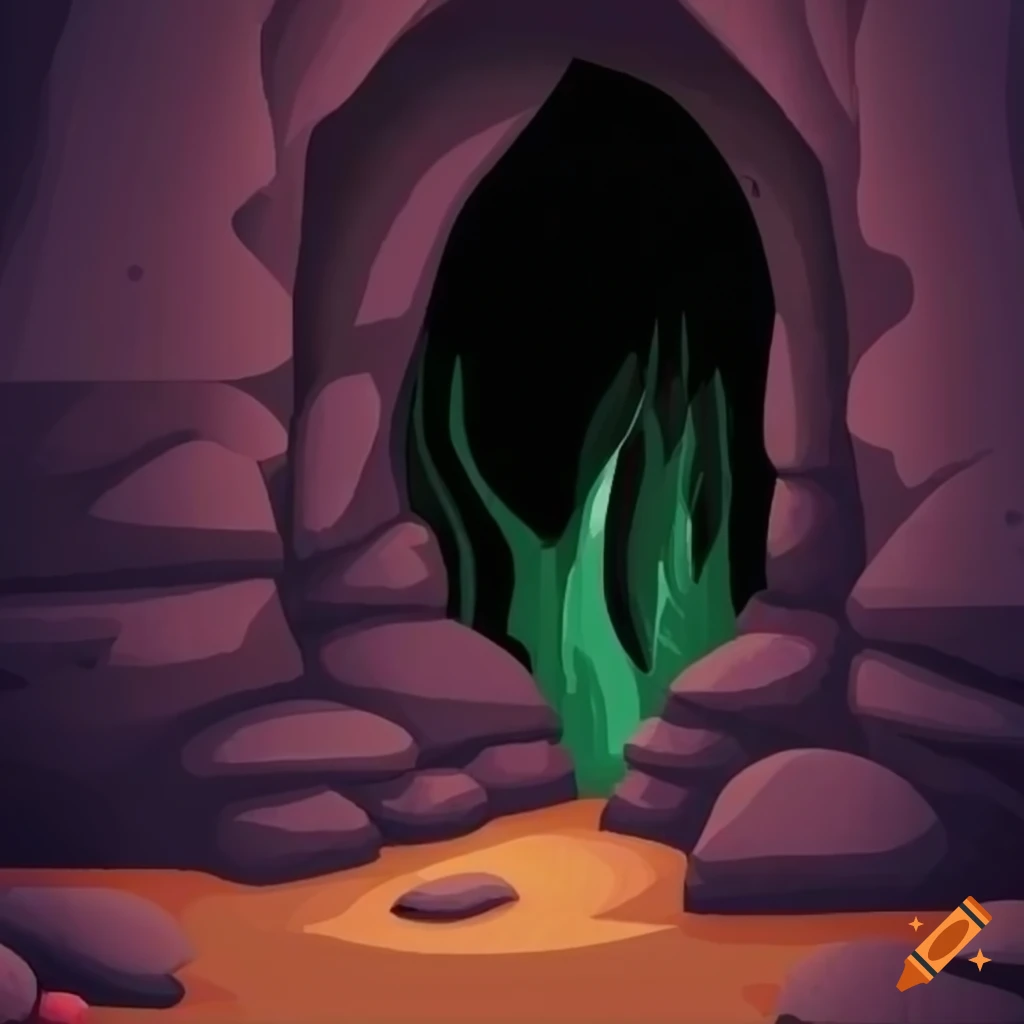 A dark cave entrance in a cartoon rendering on Craiyon