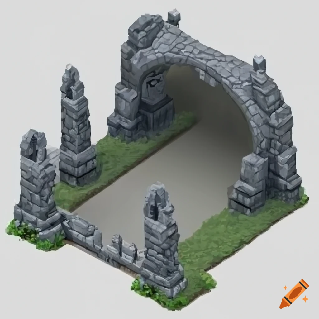 Arched gray stone graveyard entrance gate rpg tile isometric high ...