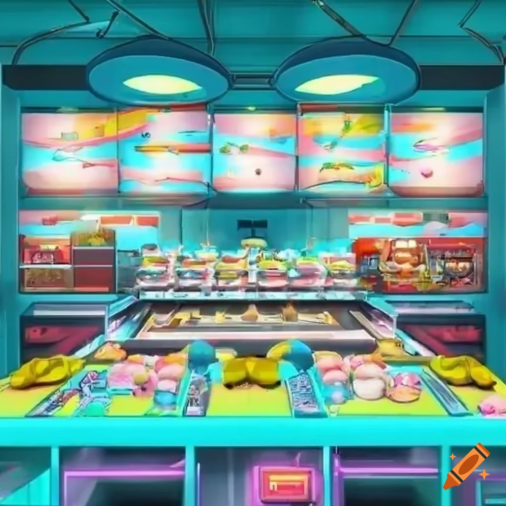 Arcade-themed supermarket, key anime visual, interior shot