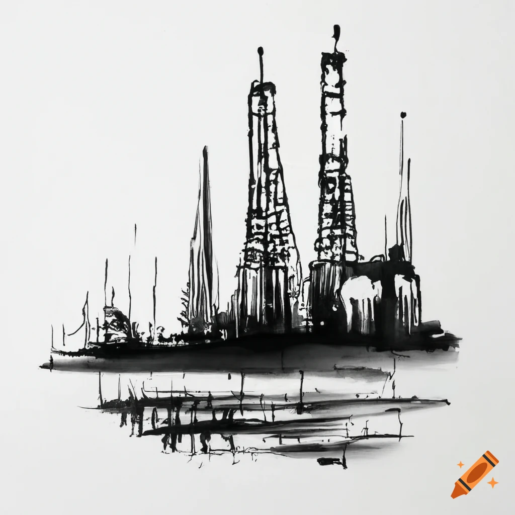 Black and white ink painting about oil field