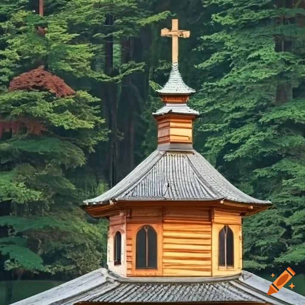 Wood baroque church in queen anne style with round turrets and japanese ...