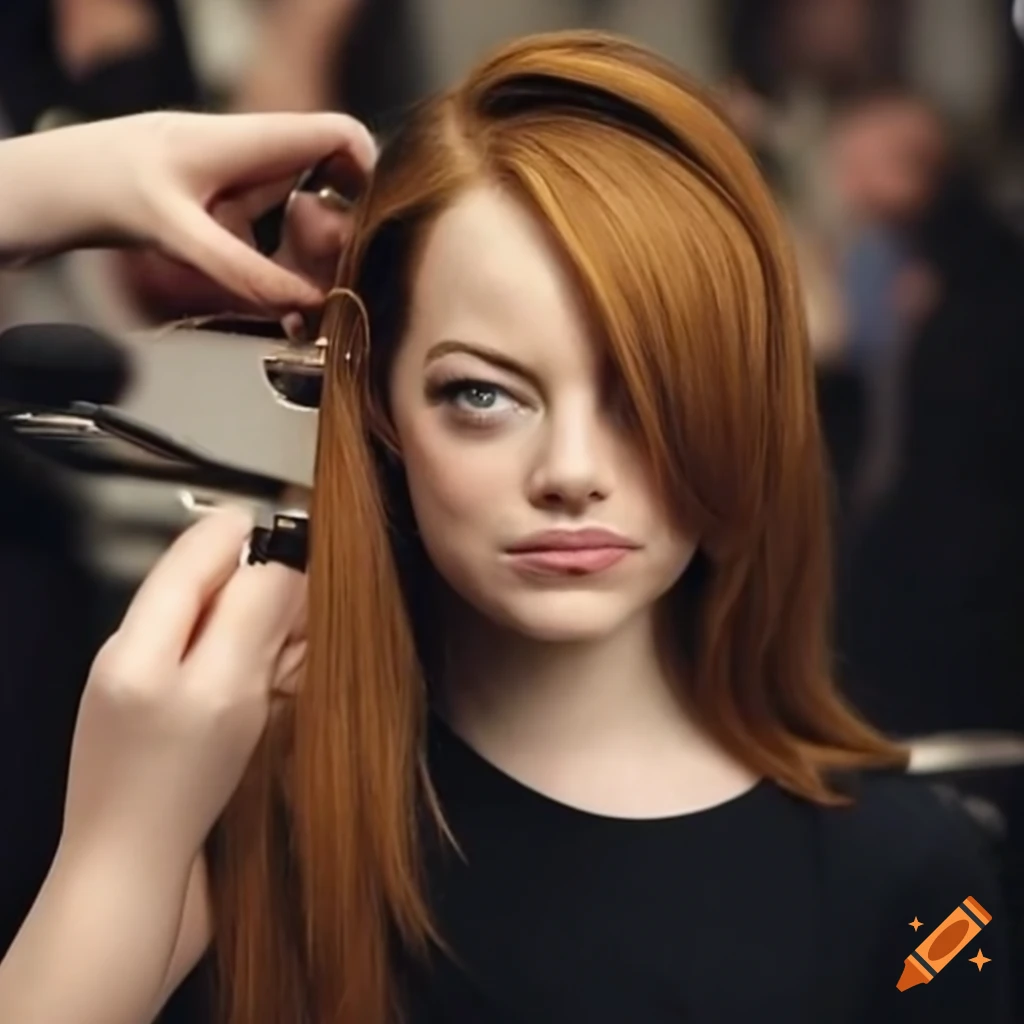 Emma stone getting her long, straight hair trimmed by a stylist while ...