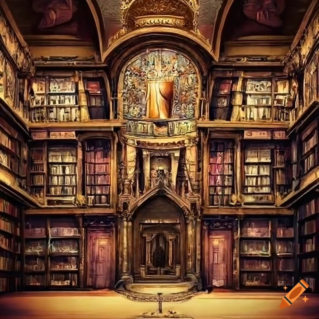 A painted fantasy illustration of the side wall inside a magic castle ...
