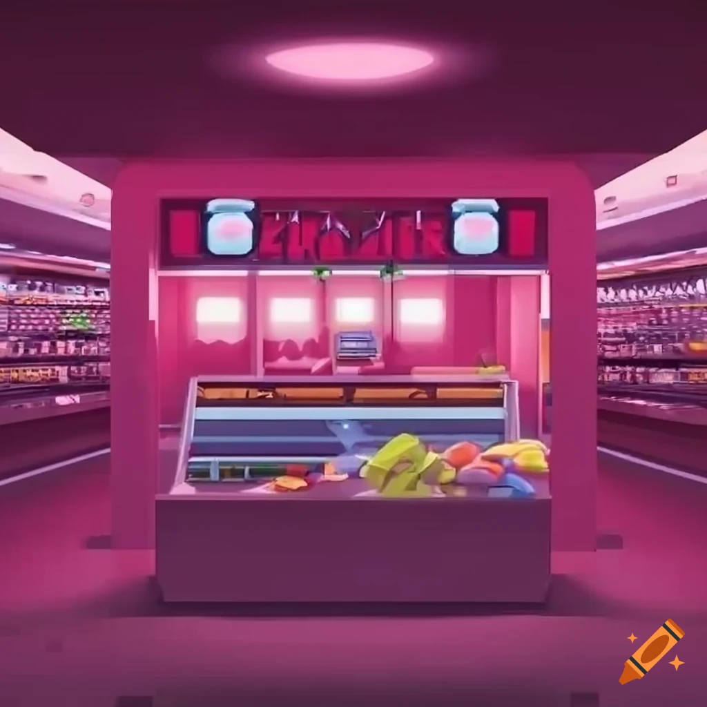 Arcade-themed supermarket, key anime visual, interior shot