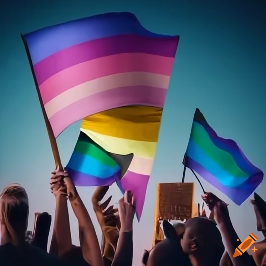 A realistic photograph of a diverse group of people protesting in favor ...