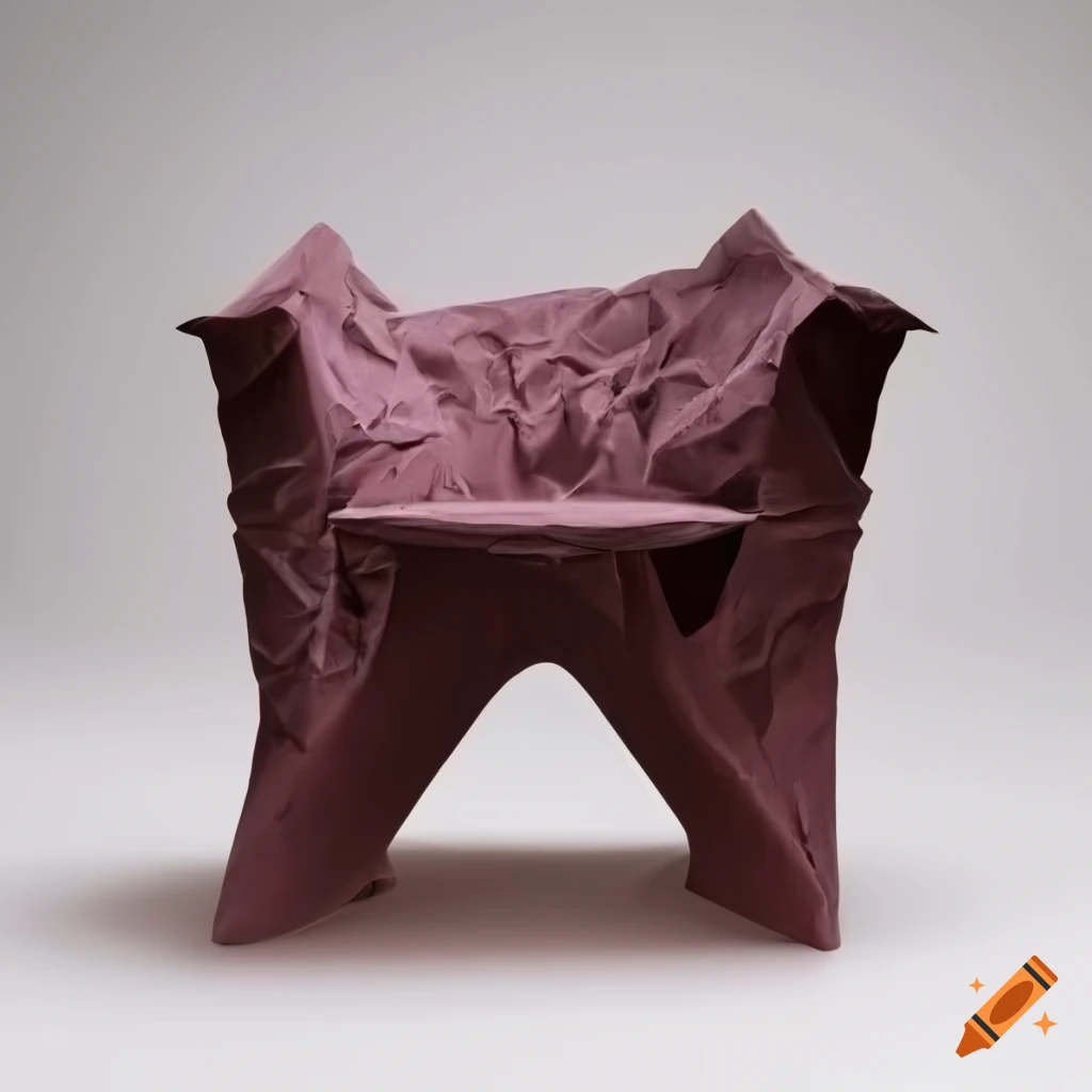 A postmodern, bizarre chair made entirely of aged, crumpled white paper ...