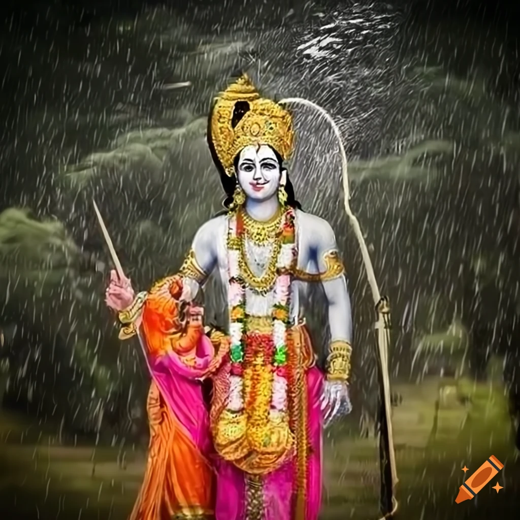 Lord Ram holding bow in his hand and having fun with Sita in rain with ...
