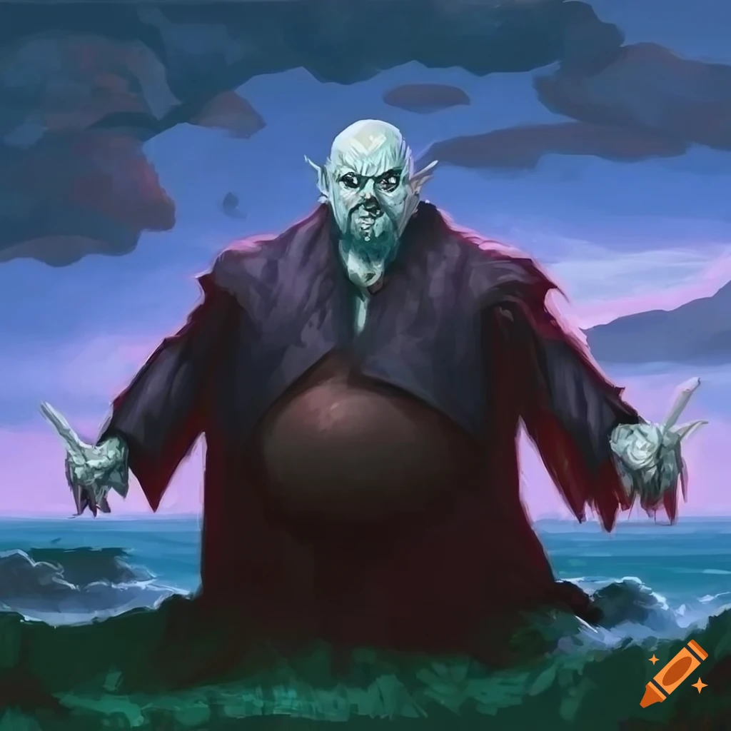 Fat bald vampire with a huge belly wearing fine robes in a coastal ...
