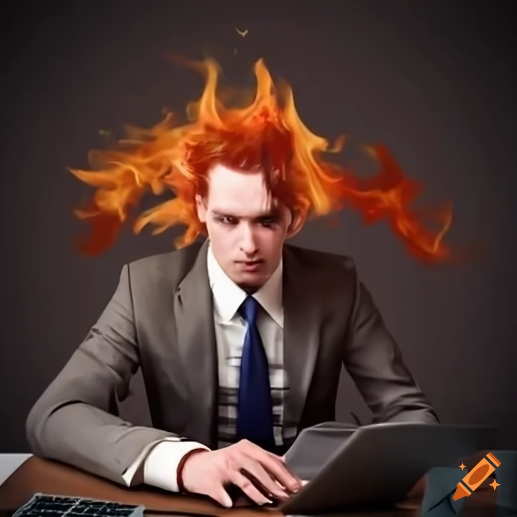 Office man with flaming hair on a computer on Craiyon