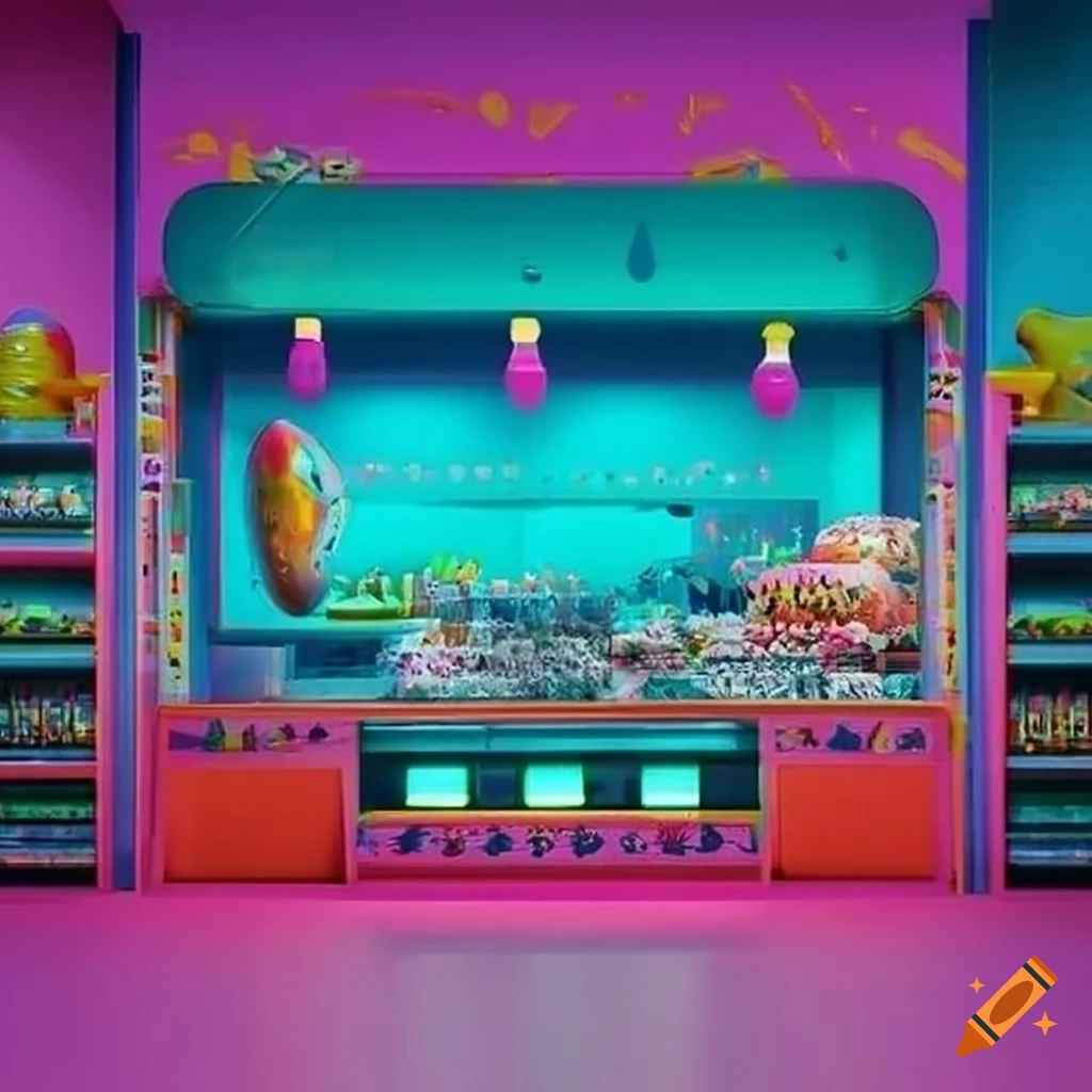 A vibrant supermarket with whimsical arcade-inspired decor