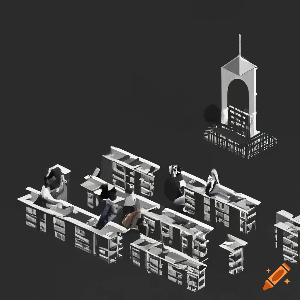 Isometric view in black and white of a group of people watching a ...