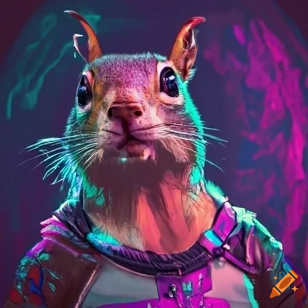 A determined squirrel in cyberpunk attire with a cigarette on Craiyon