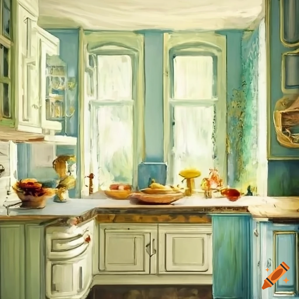 A beautiful kitchen scene painted in the style of monet on Craiyon