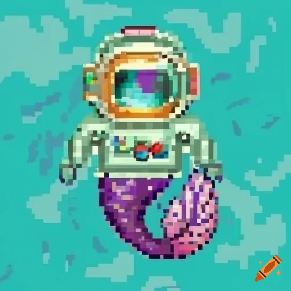 Pixel art of a spaceman with a mermaid's fishtail, in the middle of ...