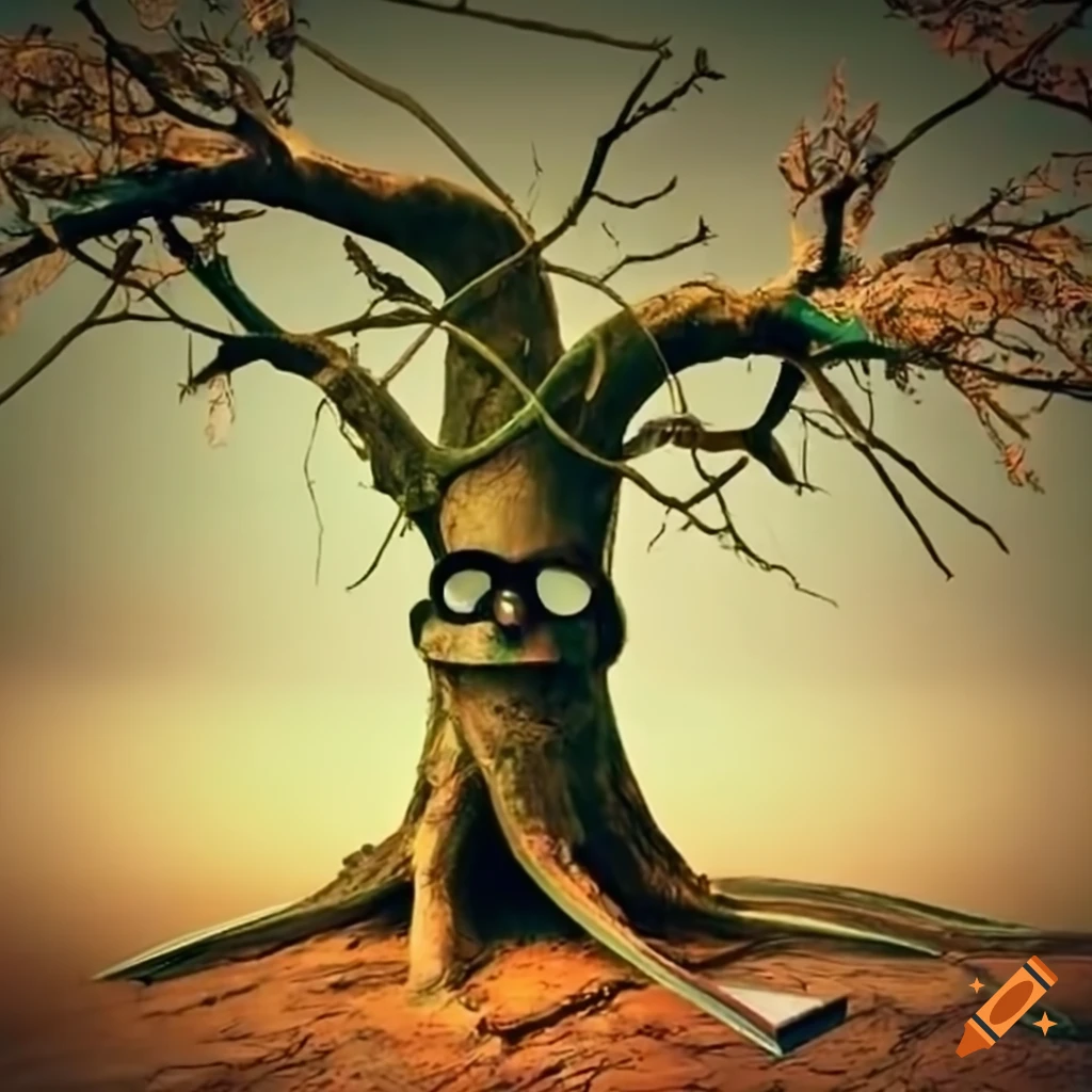 A quirky tree wearing glasses and reading a book