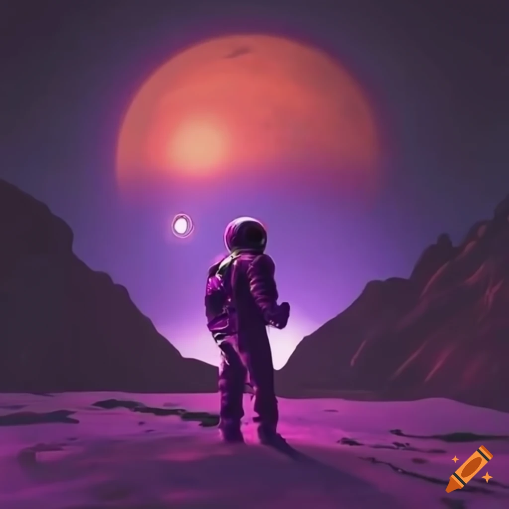Purple astronaut watching a scenic sunset on an alien planet