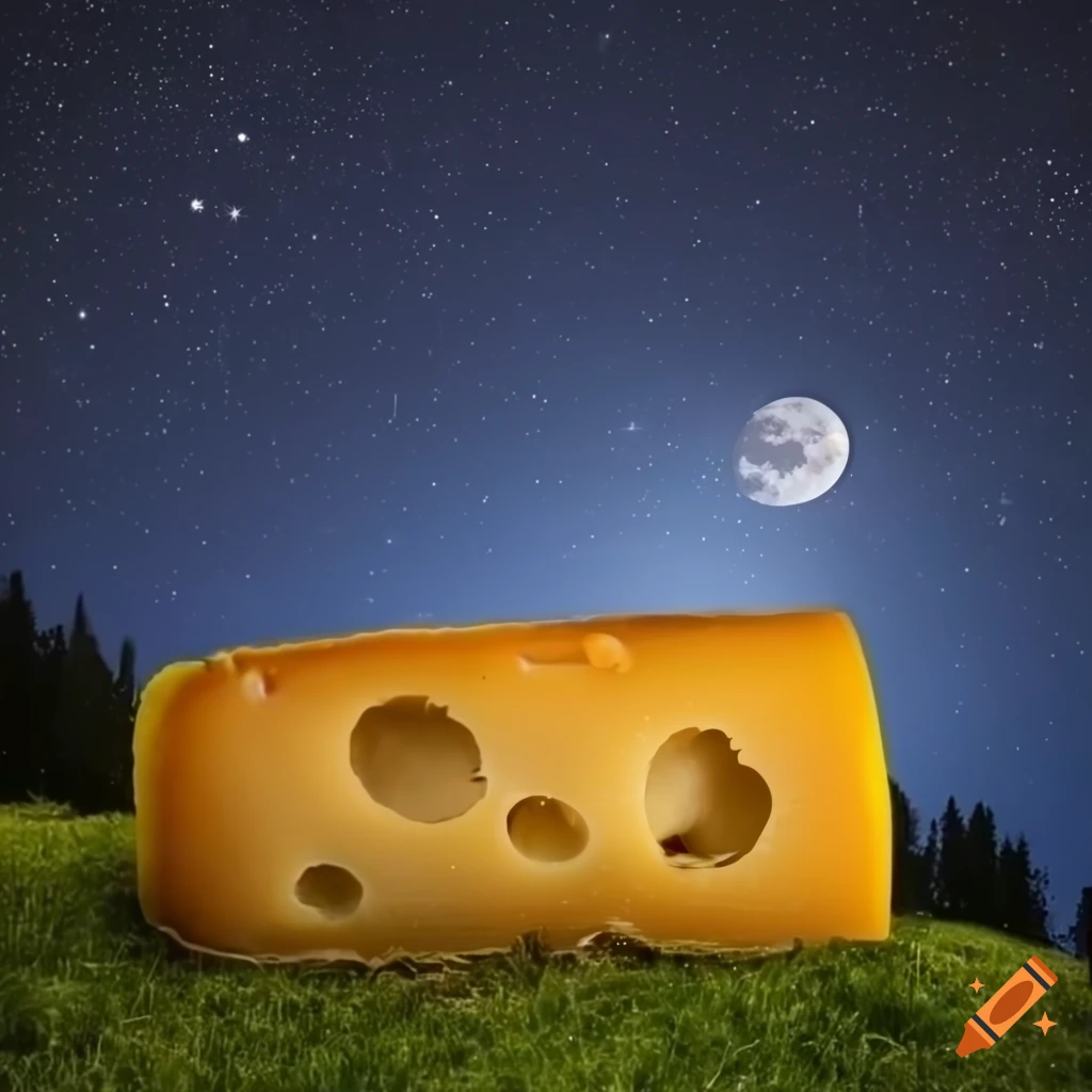 Cheese at night on the hill with moon and stars in background as ...
