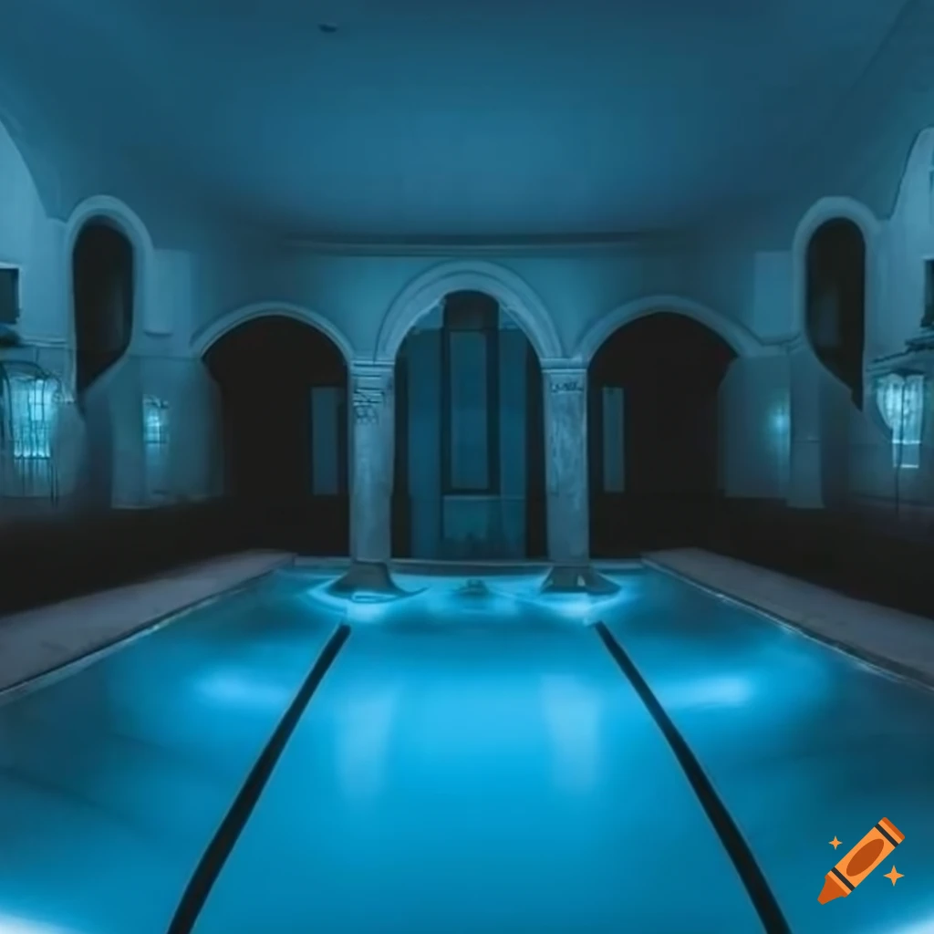 Liminal backrooms pool resort, blue lighting