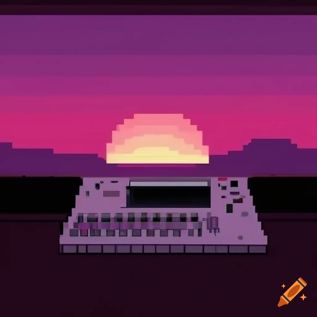 Pixelart, akai mpc on desk with purple sunset in the background