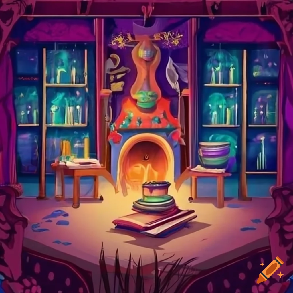 Magical interior of a wizard's home with books and potions on Craiyon