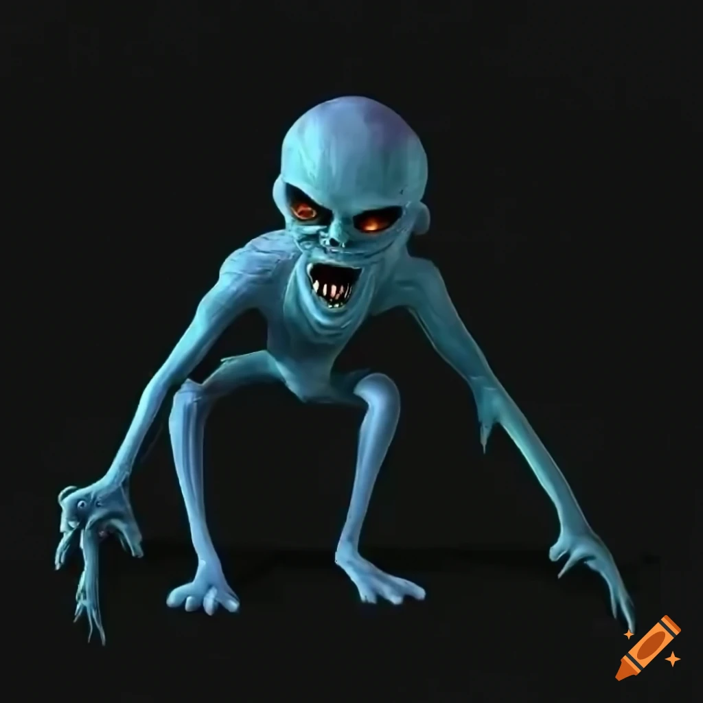 A scary alien standing on his two legs and his long arms, he is bent ...