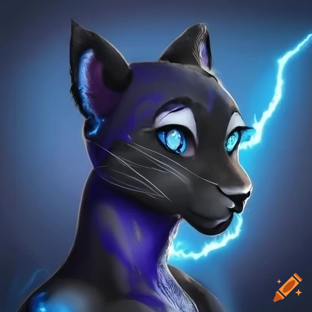 Female furry anthropomorphic black panther with blue eyes and blue ...