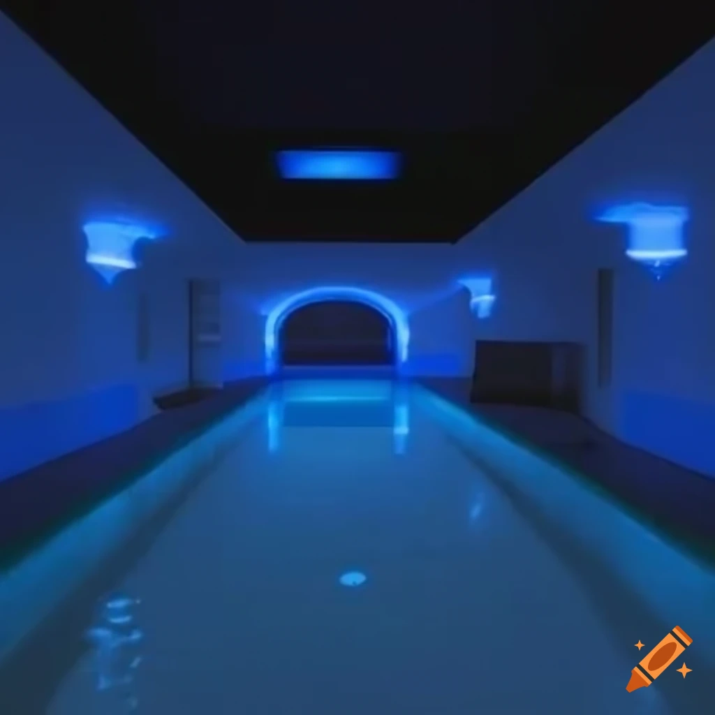Liminal backrooms pool resort, blue lighting