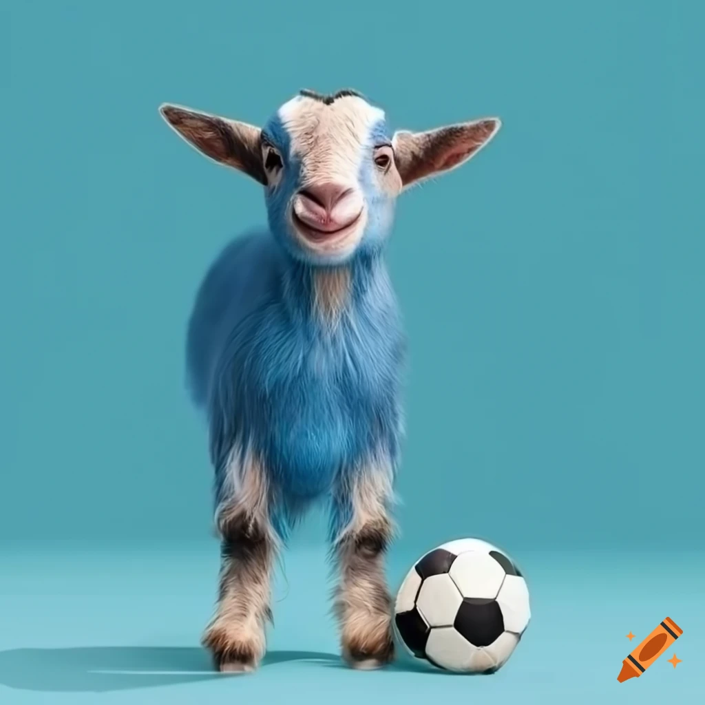 Dwarf goat, blue color, smiling, athletic, standing, full body, arms ...