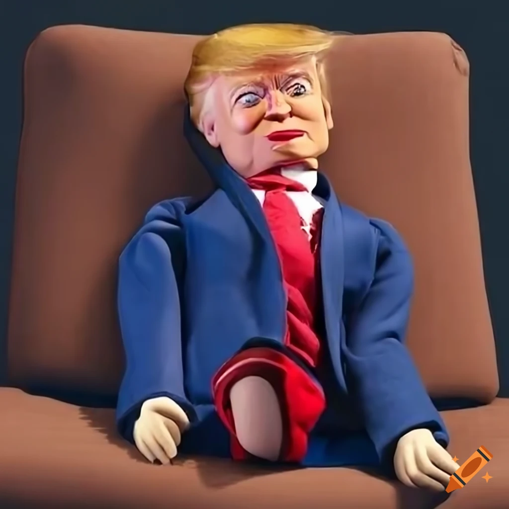 Trump as a dummy ventriloquist doll sitting slumped on a couch with a ...