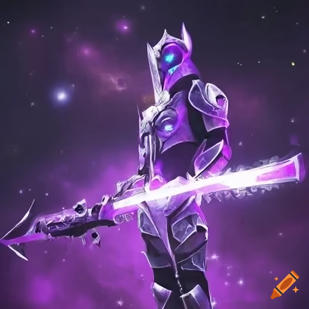 An armored warrior wielding a glowing purple energy sword in space on Craiyon