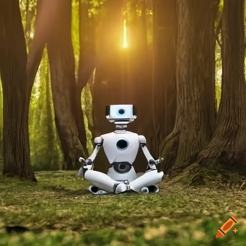 Ai robot peacefully meditating under a tree at sunrise, 8k hd on Craiyon