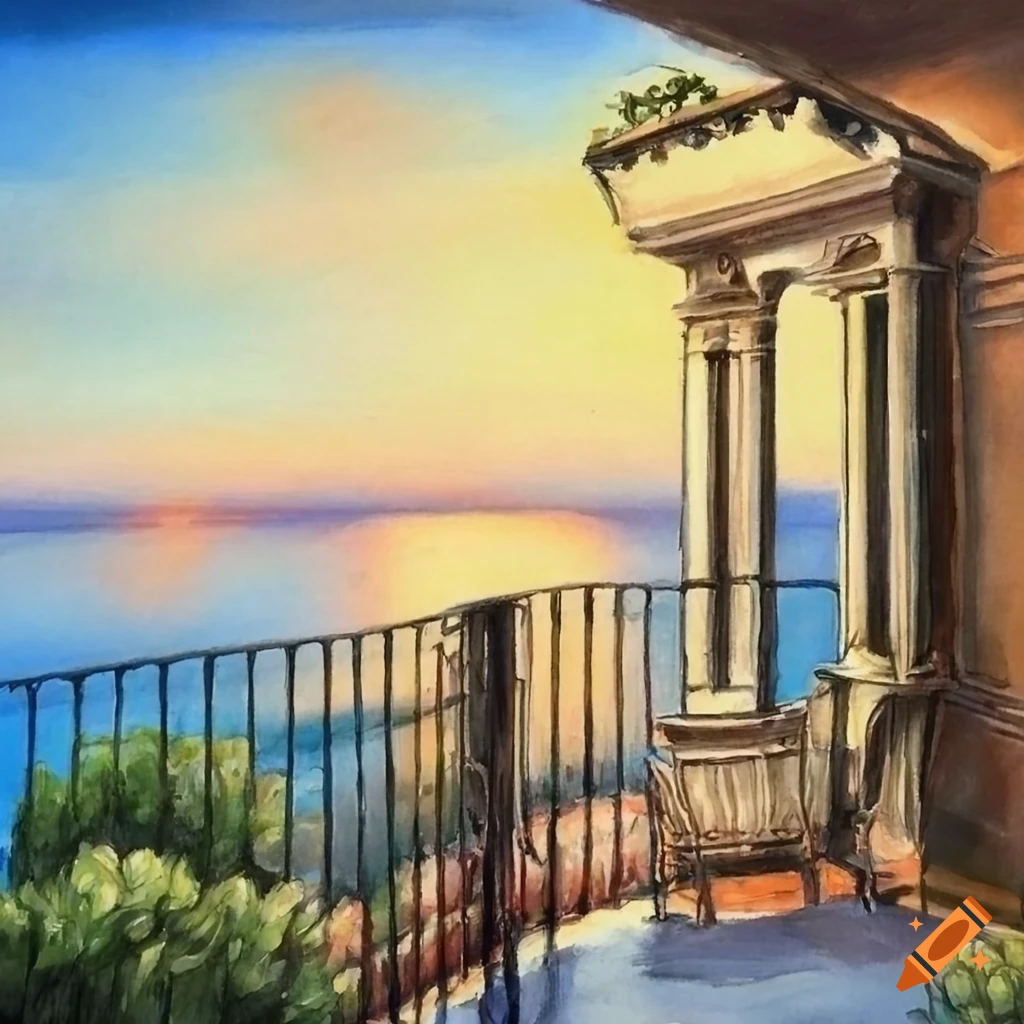 Oil painting in the style of utrillo showing a serene balcony view from ...