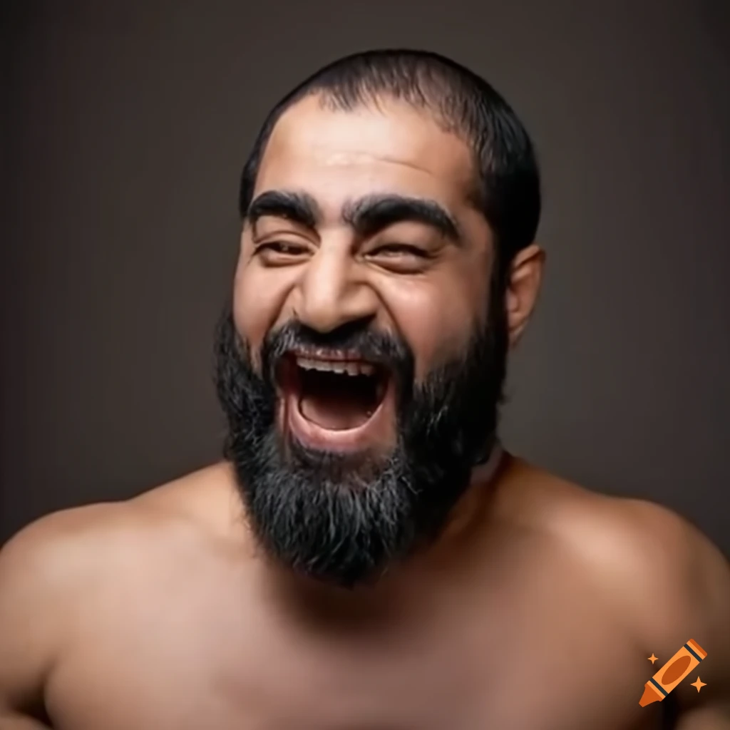 Bearded iranian wrestler laughing on Craiyon